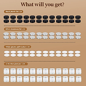 2 oz Clear Round Glass Jars (24 Pack), Empty Cosmetic Containers with Inner Liners and 24 black Lids & 24 Silver Lids for Slime, Beauty Products, Cosmetic, Lotion, Ointments and DIY