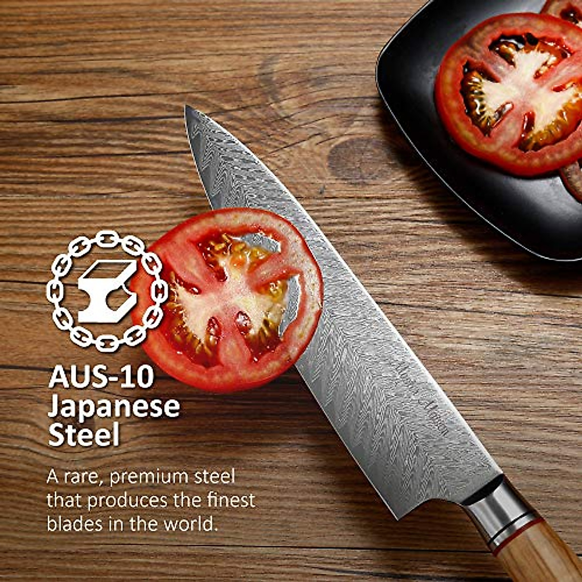 Master Maison Authentic 8" Damascus Steel Chef Knife With Full-Tang Wood Handle, Sheath, Sharpening Stone, Storage Box, & Drying Cloth | AUS-10 Japanese Ultra Sharp Stainless Steel Chef's Knife Set