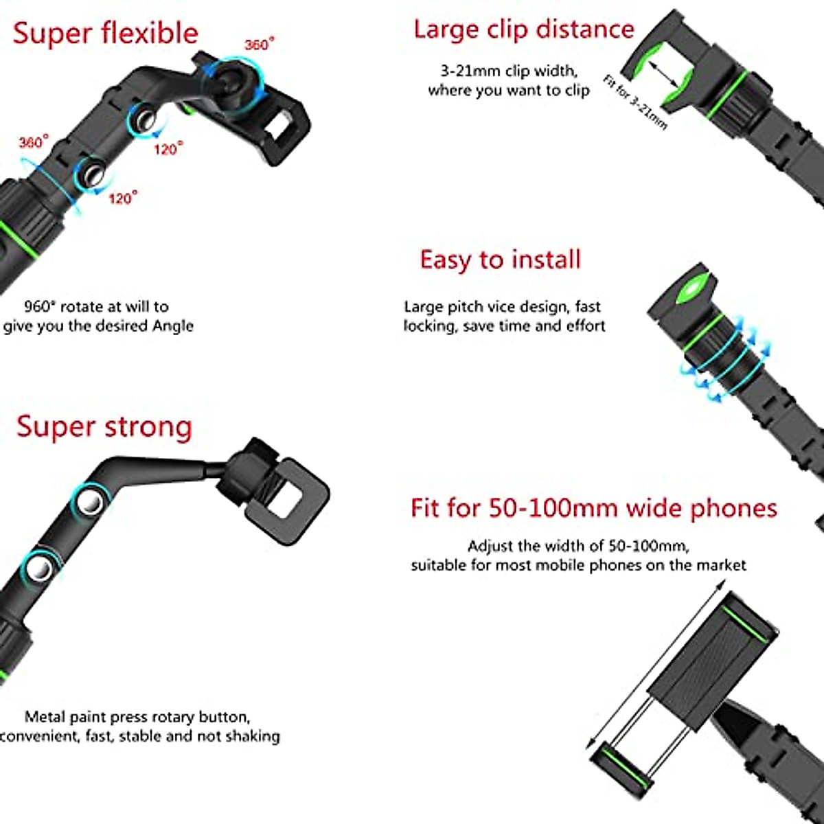 cdbz New 360° Rearview Mirror Phone Holder,Car Rearview Mirror Mount Phone and GPS Holder,Universal 360 Degrees Rotating Car Phone Holder,Cell Phone Automobile Cradles (Gray + Cable)