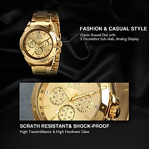 Avaner Mens Gold Watch Analog Dial Quartz Rhinestone Iced Out Pave Wrist Watch Stainless Steel Charm Bracelet (Gold-1) (Gold-2)