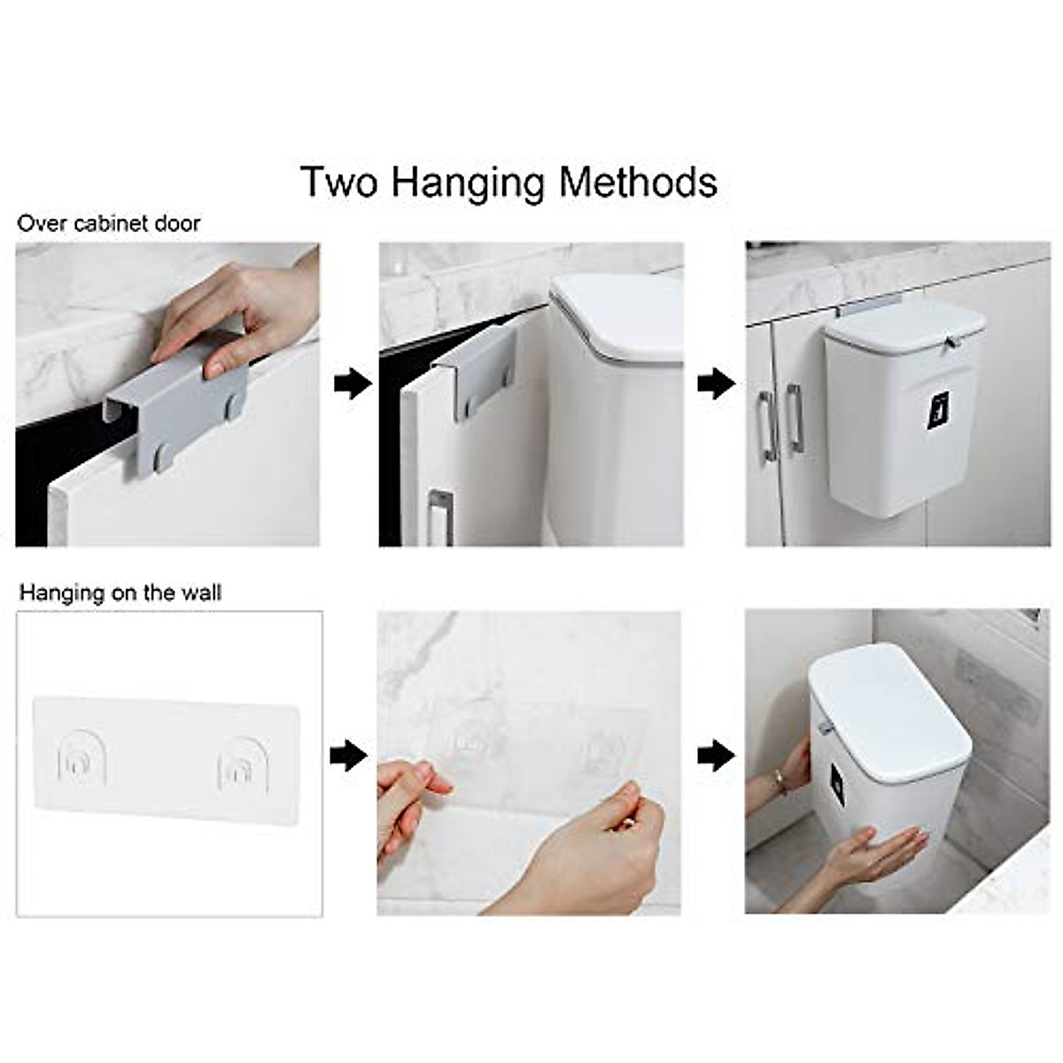 Lunies 2.4 Gal Compost Bin/Hanging Small Trash Can with Lid for Kitchen Cabinet Door/Counter Top/Under Sink/Bedroom/Bathroom/Cupboard White