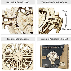 ROKR 3D Wooden Perpetual Calendar Puzzle,Mechanical Gears Toy Building Set,Brain Teaser Games,Engineering Toys,Family Wooden Craft KIT Supplies-Great Birthday for Husband Wife Adult
