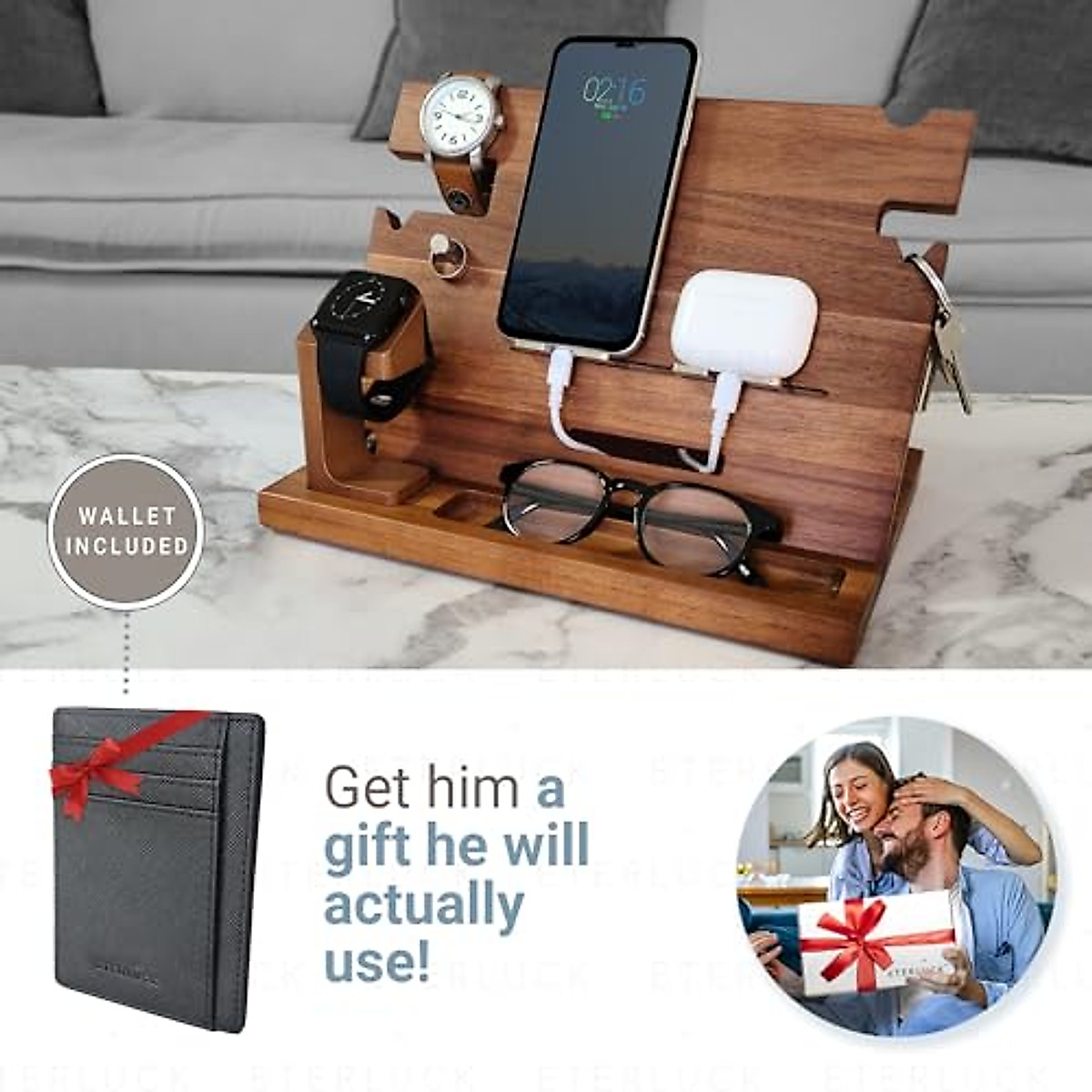 ETERLUCK Wooden Docking Station Men, Nightstand Organizer Bundle w/RFID Blocking Leather Wallet - Charging Station, Cell Phone Stand, Tablet Stand, Husband Gifts from Wife, for Dad - Walnut