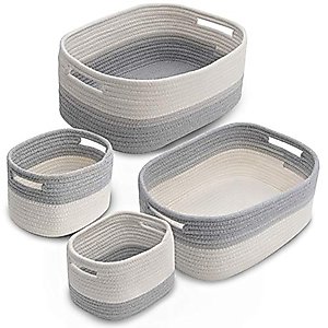 Taggra Cotton Rope Decorative Storage Basket Set Of 4 – Off White and Gray Home Organizer Bins with Handles for Nursery, Living Room, Closet, Toy Storage.
