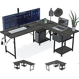 DLIUZ L Shaped Desk with Drawers，Computer Desk is Reversible Corner Large Gaming pc Table with USB Charging Port and Power Outlet,Long Writing Study Table with Shelve