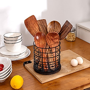 360°Rotating Utensil Holder for Kitchen Counter-6.5" Metal & Wooden Large Cooking Utensil Holder with Drainage Hole，Kitchen Utensil Storage Organizer for Countertops，Spatula Holder for Farmhouse Decor