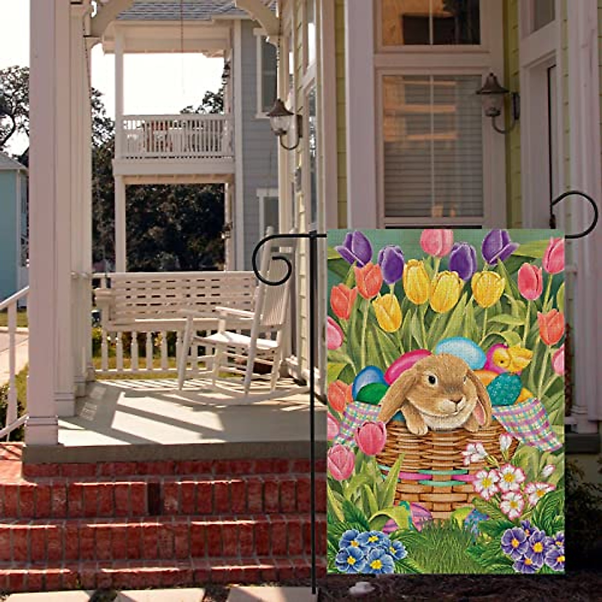Happy Easter Bunny Garden Flag, Rabbit Lily Flower Burlap Decorations, Vertical Double Sided Season Greeting Decor, Outdoor Indoor Spring Yard Flag 12.5 x 18 Inch (Easter)