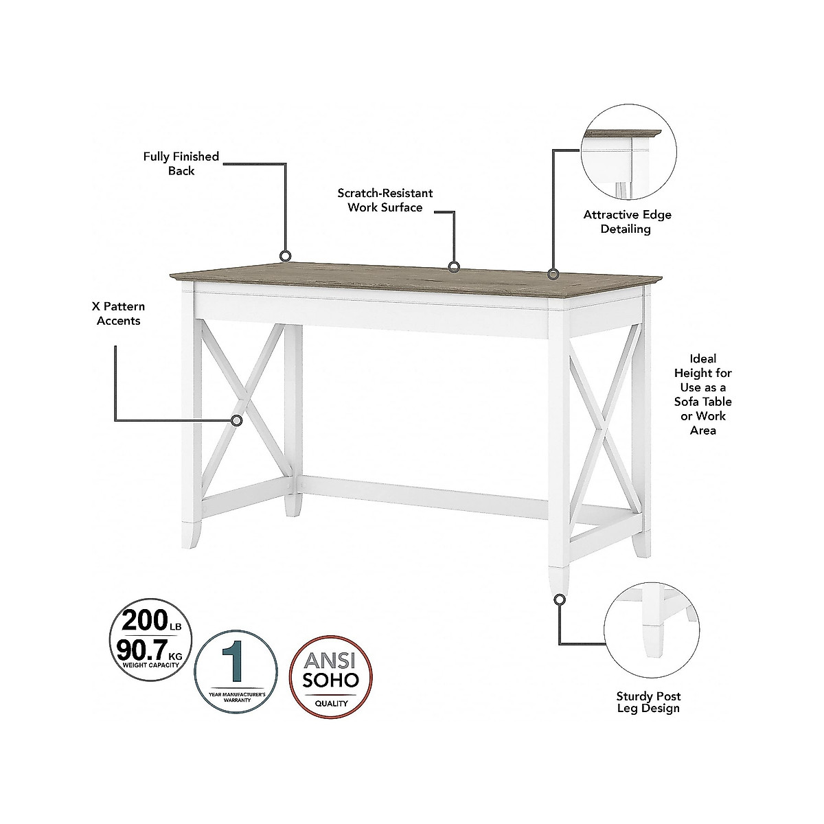 Bush Furniture Key West 2 Person Desk Set with Lateral File Cabinet in Pure White and Shiplap Gray
