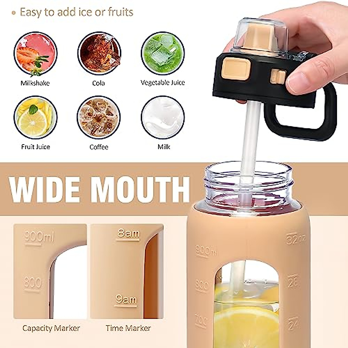 Kodrine Water Bottle with Soft Straw and Carry Loop, 32 oz Glass Water Bottle, Bottle with Locking Lid Leakproof, Sports Water Jug, Motivational Drinking Bottles for Gym Travel Home, Amber