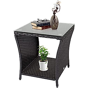 Kinfant Wicker Rattan Coffee Table - Square Tempered Glass Top Furniture with Storage for Outdoor Backyard Lawn Balcony Pool Patio (Black)