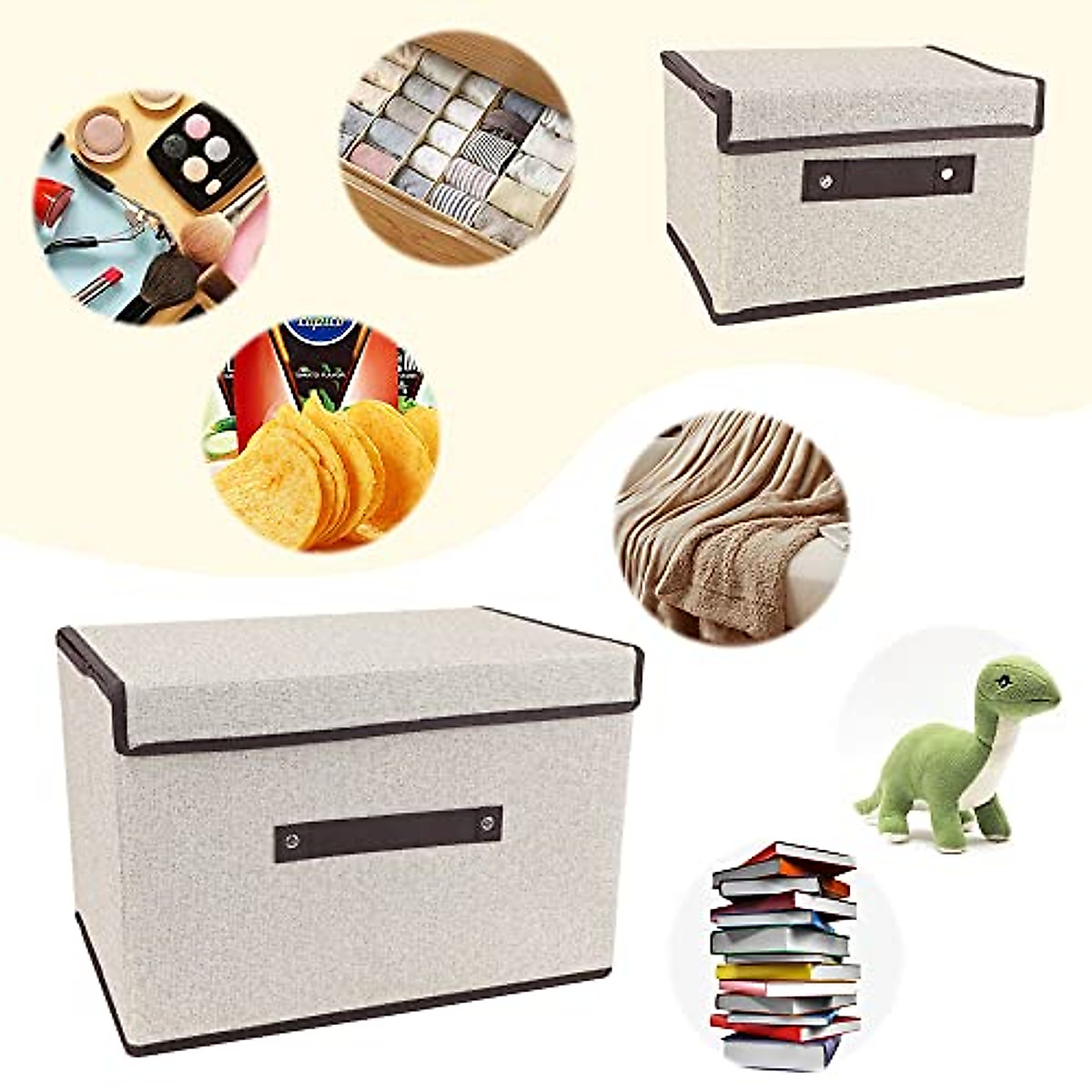 QUMENEY 2 Pack Foldable Storage Boxes With Lid Fabric Organizer Storage Office Box Storage Basket For Home Bedroom Wardrobe Nursery Office (Beige)