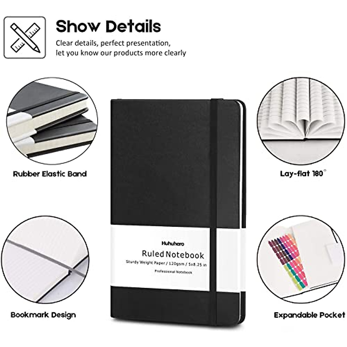 Huhuhero Journal Notebooks, College Ruled Notebook, Premium Thick Paper Lined Journal, Black Hardcover Notebook for Office Home School Business Writing Note Taking Journaling, College School Supplies 5"×8.25" (5, Black)