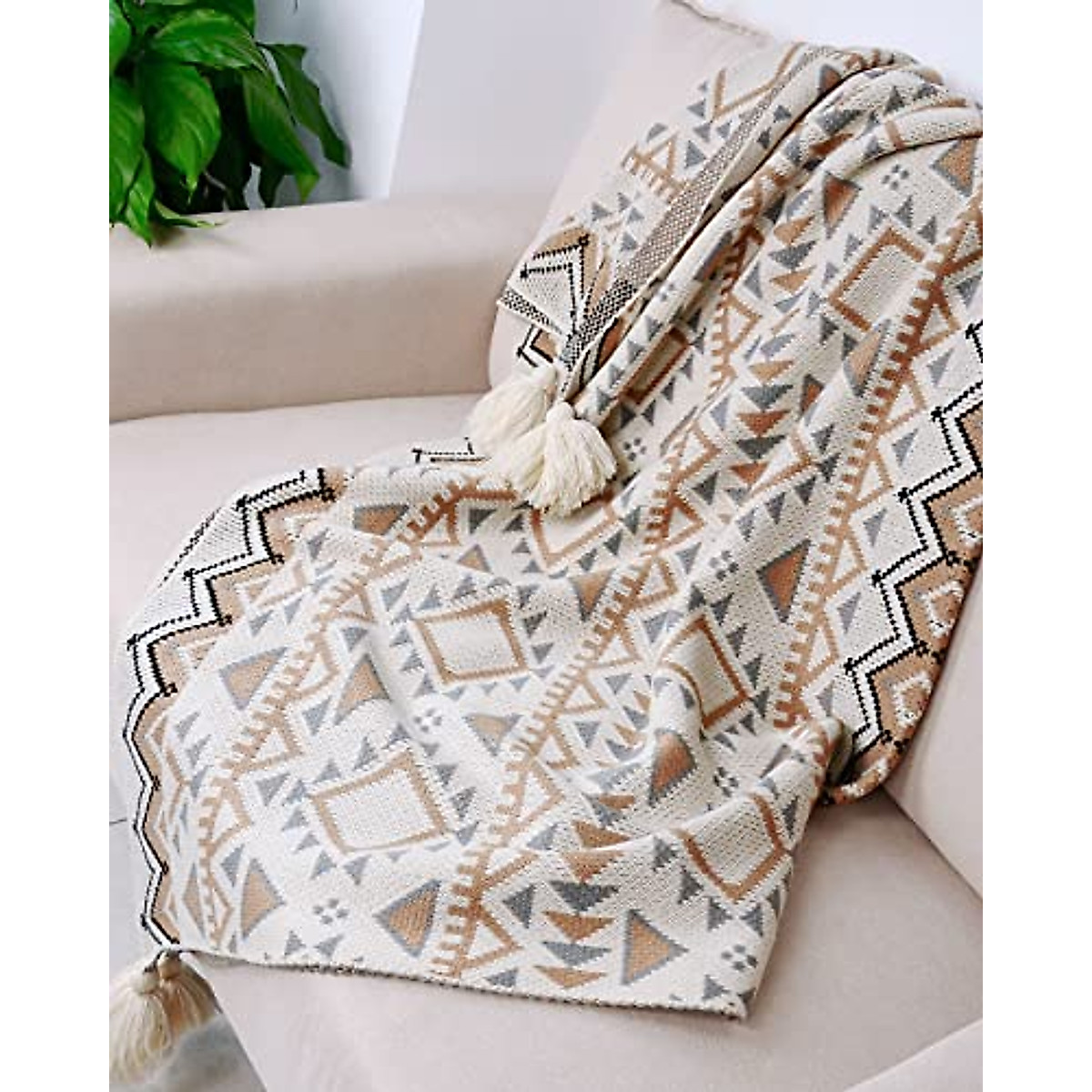 Knitted Throw Blanket for Couch with Tassels, Boho Style Throw for Home Decor, Small Cozy and Soft Blanket for Sofa or Outdoor, Navajo Farmhouse Blankets 50 x 60 Inches