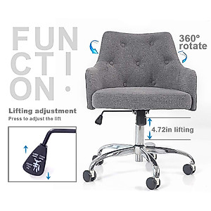 Lansen Furniture Home Office Chenille, Height-Adjustable Desk Accent Arm Chair with Chrome-Finished Stainless-Steel Base (Grey)