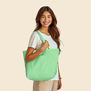DALIX 20" Solid Color Cotton Canvas Shopping Tote Bag in Mint Green
