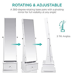 Best Choice Products 360 Swivel Mirrored Jewelry Cabinet, Full Length Armoire, LED-Lit Makeup Storage Organizer w/Internal Lights, Mirror, 3 Storage Shelves, 3 Drawers - White