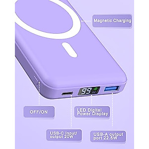 podoru Wireless Portable Charger, 10000mAh Magnetic Power Bank with Type-C Cable LED Display 22.5W PD Fast Charging Lighting Mag-Safe Battery Pack for iPhone 15/14/13/12/Mini/Pro/Pro Max-Purple