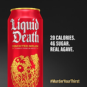 Liquid Death, Convicted Melon Sparkling Water, Watermelon Flavored Sparkling Beverage Sweetened With Real Agave, Low Calorie & Low Sugar, 8-Pack (King Size 19.2oz Cans)