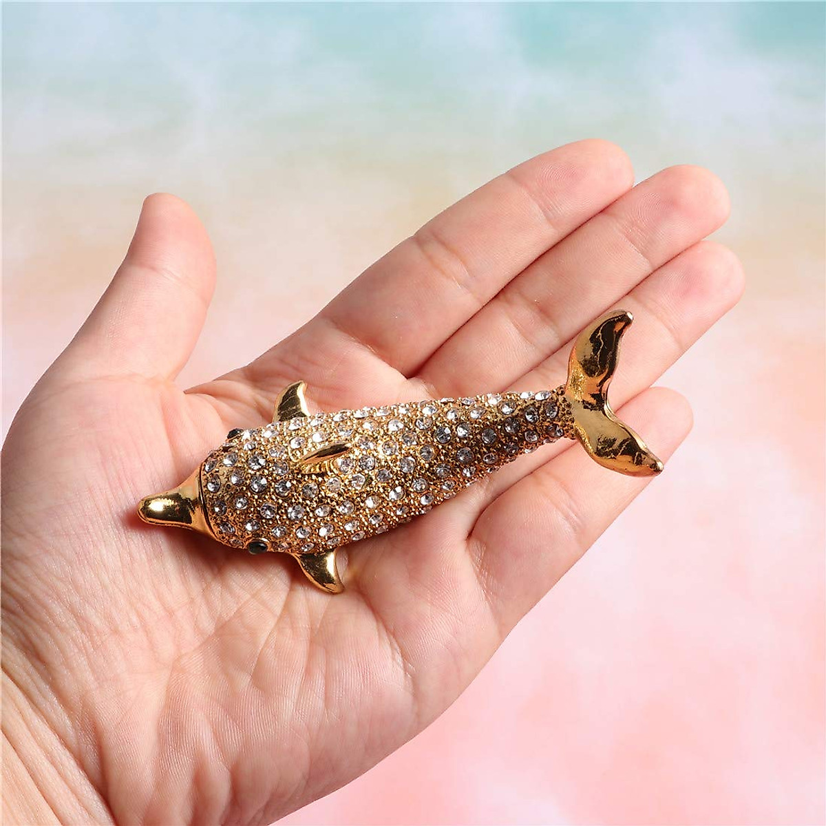 Waltz&F Diamond golden dolphin Hand-Painted Trinket Box Animal Jewelrybox Figurine Collectible Ring Holder