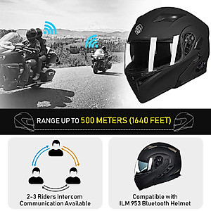 ILM Bluetooth Motorcycle Helmet Modular Flip up Full Face Dual Visor Mp3 Intercom FM Radio DOT Model 902BT(Matte Black, XL)