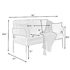 JULYFOX 59 in Wide Sofa Gray, Overstuffed Linen Fabric Couch Metal Frame 400 lbs Heavy Duty Tufted Loveseat Sofa for Small Spaces 2 Toss Pillows Included