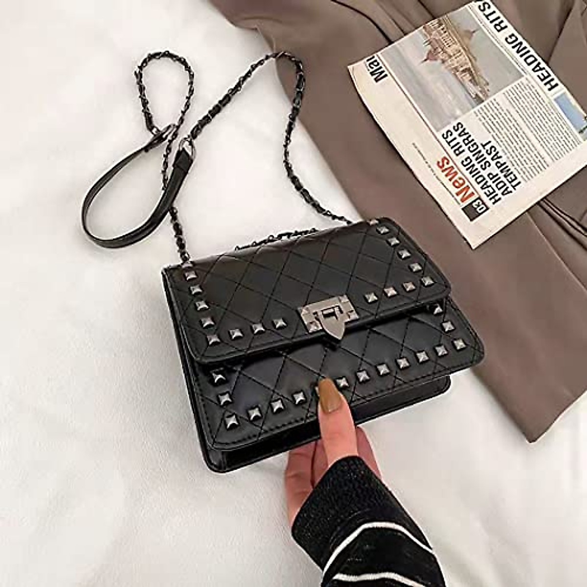 Studded Chain Bag for Women, Vegan Small Purse Messenger Shoulder Crossbody Rivet Handbag(black)
