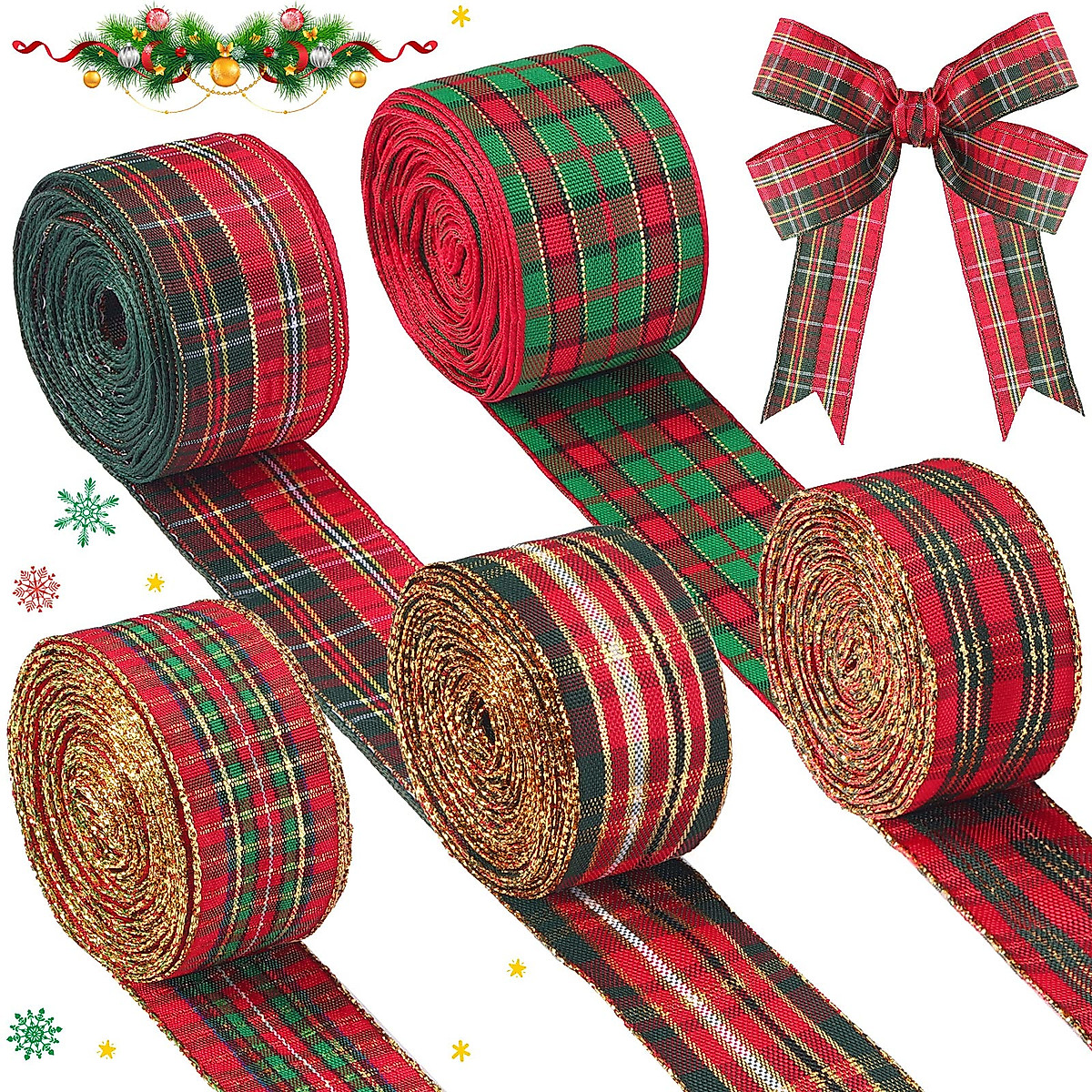 Tatuo 5 Rolls 30 Yards Christmas Red Plaid Ribbon Gingham Check Wired Edge Wrapping Ribbon Tartan Decor for Christmas DIY Crafts Present Wrapping Gift Home Decorations Bows(1 Inch Wide)