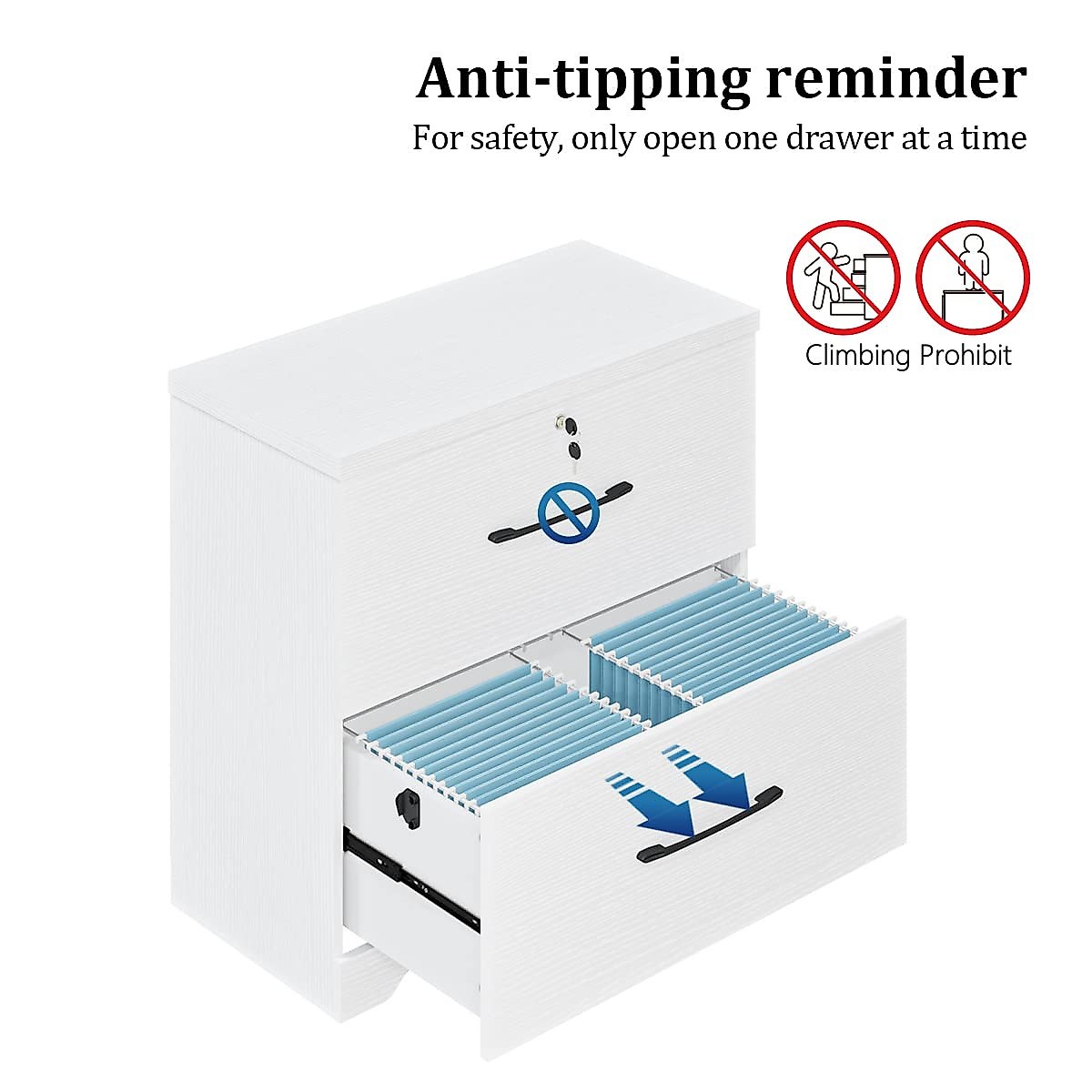 2 Drawer File Cabinet with Lock, Wooden Lateral Storage Home Office Filing Cabinet with Anti-tilt Mechanism with 8 Hanging Bars for Letter/Legal Size (White)