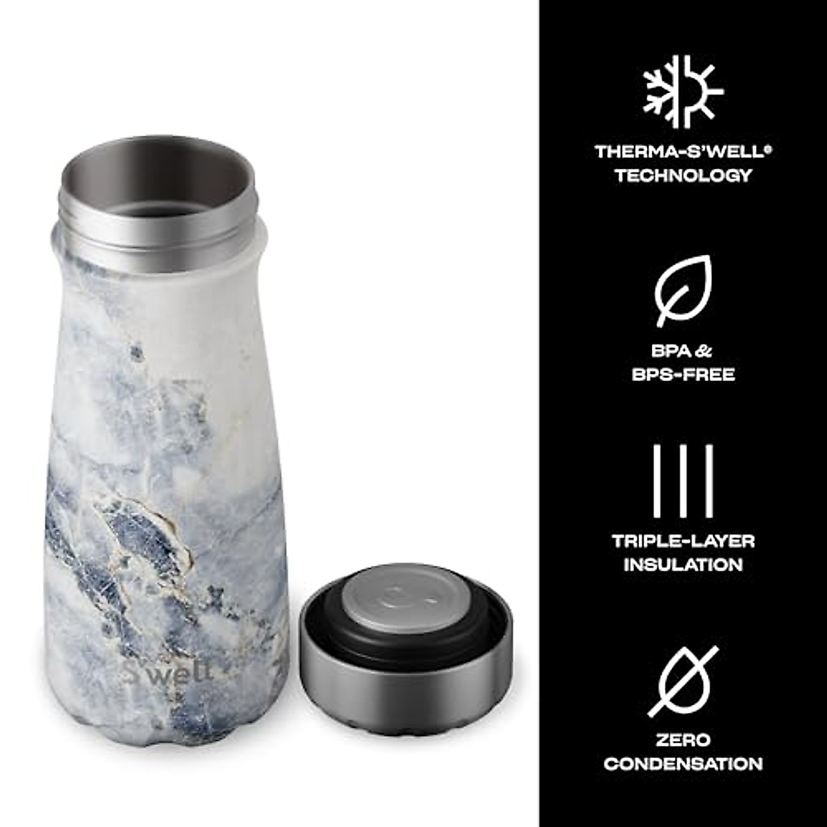 S'well Stainless Steel Traveler, 16oz, Blue Granite, Triple Layered Vacuum Insulated Containers Keeps Drinks Cold for 24 Hours and Hot for 12, BPA Free, Easy Carrying On the Go