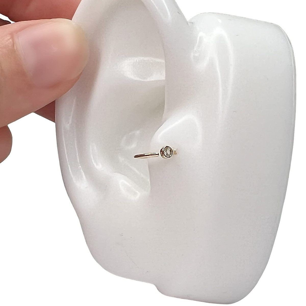 CZ Nose Ring 20 gauge 8 mm 5/16 inch with 2 mm Round CZ, Simulated Diamond Nose Hoop, Bezel Set Cubic Zirconia Nose Jewelry (14k Solid Gold)