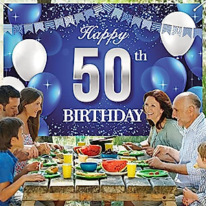 4 x 6ft Happy 50th Birthday Party Decorations Banner Blue and Silver - Cheers to 50 Years Anniversary Photo Booth Backdrop party Supplies for Girls and Boys
