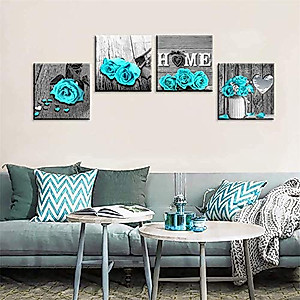 Wall Decor for Living Room Teal Blue Rose Flower Bathroom Decor Bedroom Wall Decor Black and White Canvas Art Home Love Couple Women Gifts Theme Modern Frame Pictures Turquoise Rustic Sets 14 inch