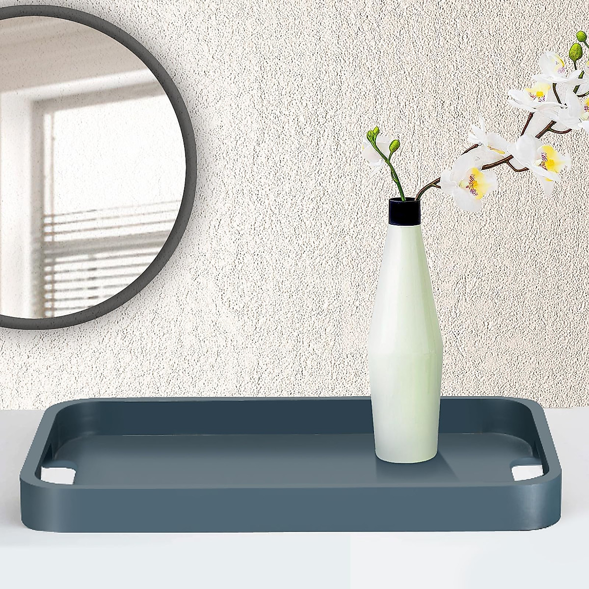 Enkrio 2Pcs Decorative Tray with Handles Rectangle Wooden Trays Blue Serving Trays for Home Coffee Table Candle Holder Decor