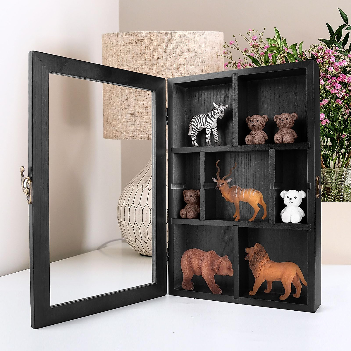 Mooncraftlogy Adjustable Rock Display Case, Crystal Collection Box with Shelves, Wood Witchy Stones Organizer Storage,Gem Holder with Lid for Seashell, Collectibles, Wiccan Gift for Women (Black)