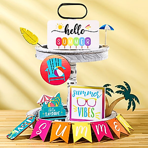 11 Pieces Summer Hawaii Tiered Tray Decor Set Summer Wood Sign Rustic Farmhouse Decor Summer Beach Sunshine Tiered Tray Decorative Trays Signs for Summer Beach Table Home Holiday(Summer Style)