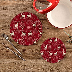 Christmas and New Year Red Festive Background Night Forest with Deer and Christmas Tree Winter Trivets for Hot Dishes 2 Pcs,Hot Pad for Kitchen,Trivets for Hot Pots and Pans,Large Coasters Cotton Mat