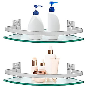 Sanbege 2 Pcs Tempered Glass Corner Shelf with Rail & Brackets, 9.5" x 9.5" Floating Shower Caddy, Wall Mounted Shampoo Holder Organizer for Bathroom, Kitchen, Living Room