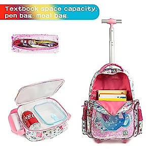 MOHCO Rolling Backpack 18 inch for Kids Wheeled Backpack for Girls with Lunch Bag Pencil Case