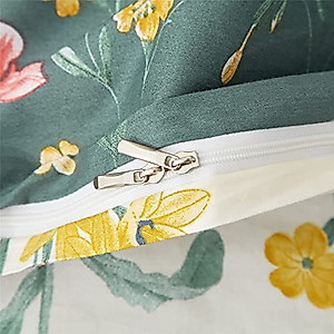 PinkMemory Green and White Duvet Cover Queen 100% Cotton, Garden Flower Pattern Bedding Duvet Cover Set Full Queen with Pillowcases Soft Durable Zipper-No Comforter Insert