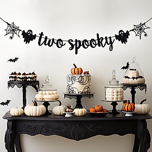 Two Spooky Banner, Halloween 2nd Birthday Party Decor, Two Spooky Birthday Decorations, Halloween Birthday Baby Shower Party Decorations, Black Glitter