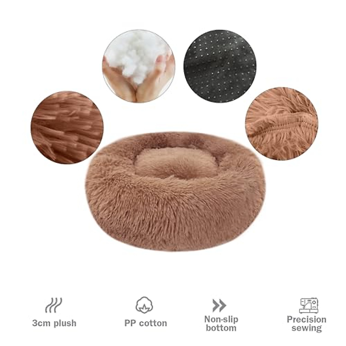 Calming Donut Bed - 23.6" Washable Fluffy Plush Dog Beds, Cozy Soft Anti Anxiety Cuddler, Indoor Pet Cushion with Waterproof Bottom for Small Medium Dogs and Cats