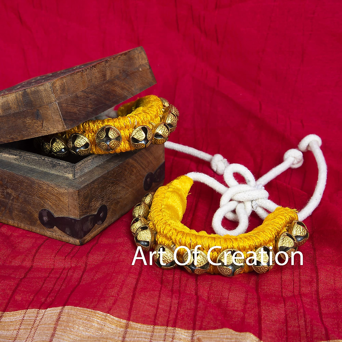 Art Of Creation Dancing Ghungroo Big Bells Pair 1 Lines Anklet Handmade Musical Instrument Classical Bharatnatayam Kuchchipudi Ghungru (Yellow Paded 20 Bell)