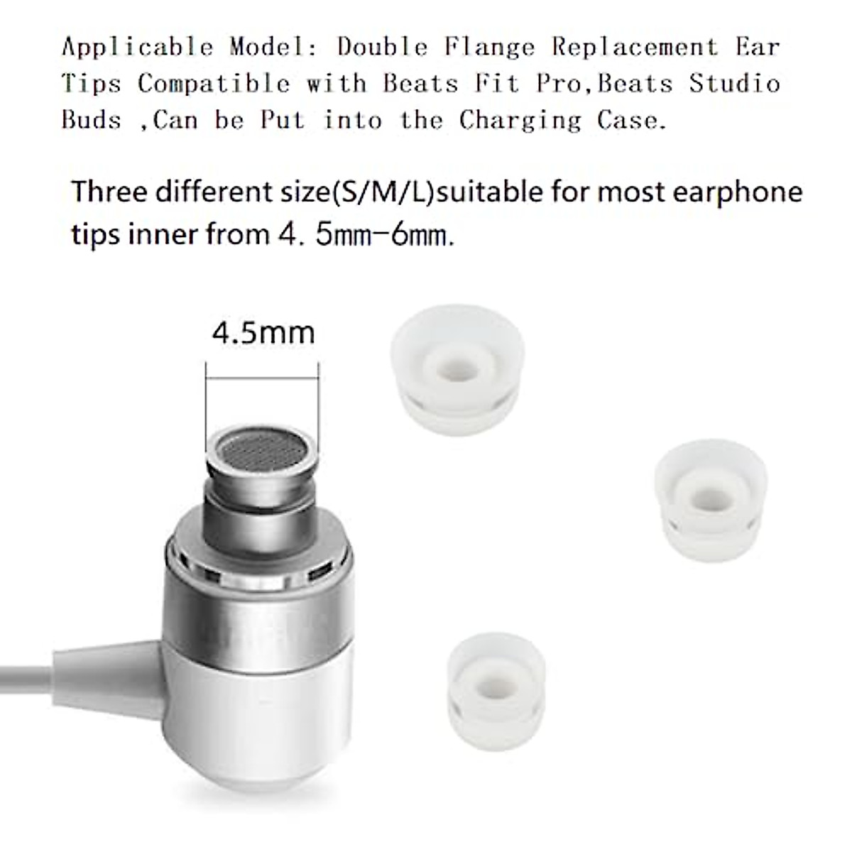 Double Flange Replacement Ear Tips Compatible with Beats Studio Buds and Beats Fit Pro,6 Pairs S/M/L Silicone Earbud Tips White
