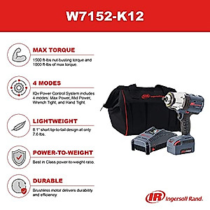 Ingersoll Rand W7152-K12 1/2" Cordless Impact Wrench and 1 Battery Kit, 4 Power Modes, Brushless Motor, 1500 ft/lbs Nut Busting Torque, 1000 ft/lbs Max Torque, Lightweight, Gray