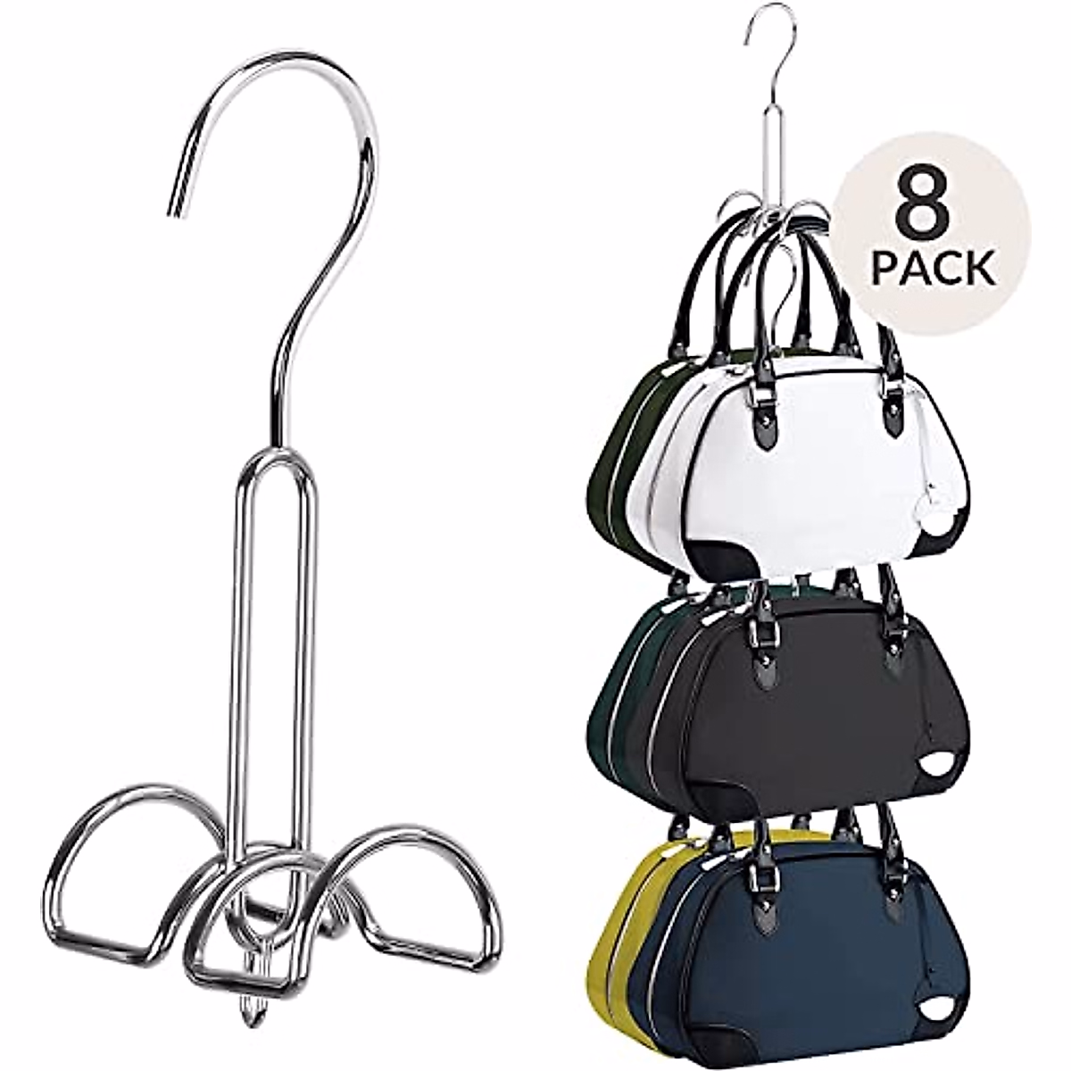 ZEDODIER Purse Hanger, Purses Bags Holder for Closet 8 Pack Stackable Purse Storage Hook Closet Organizer Metal Space Saving Hanger, Silver