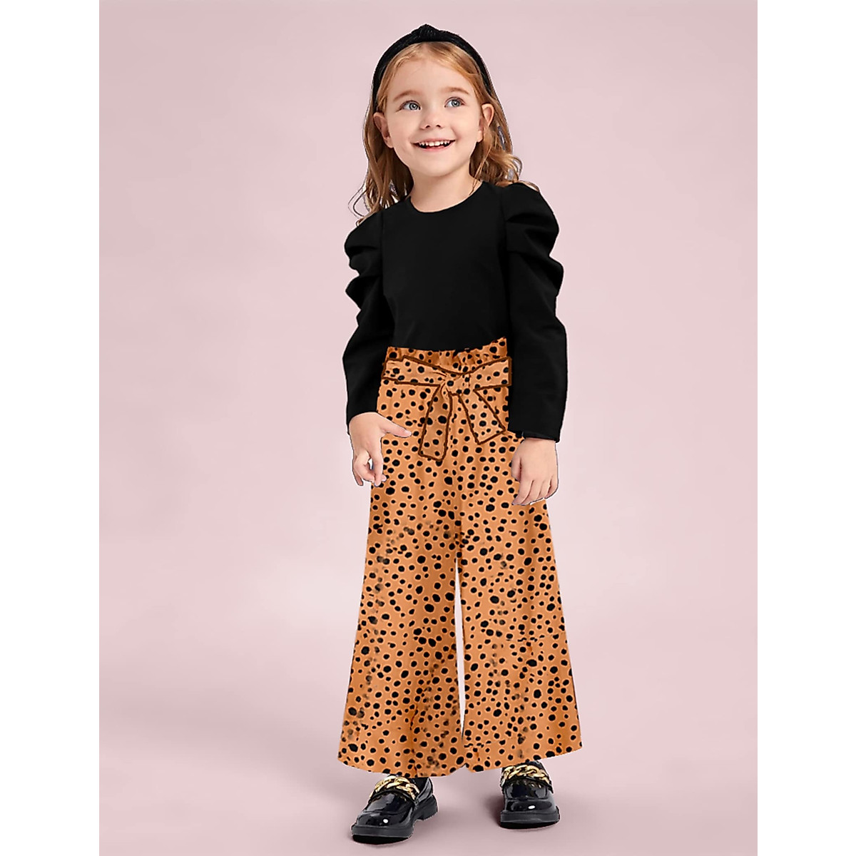 MIGU Toddler Girl Clothes 4T-5T Girls Fashion Clothes Black Round Neck Puff Sleeves Knitted Shirt Long Sleeve Top Leopard Print Spotted Pants Headband 3Pcs Girls Gifts Set