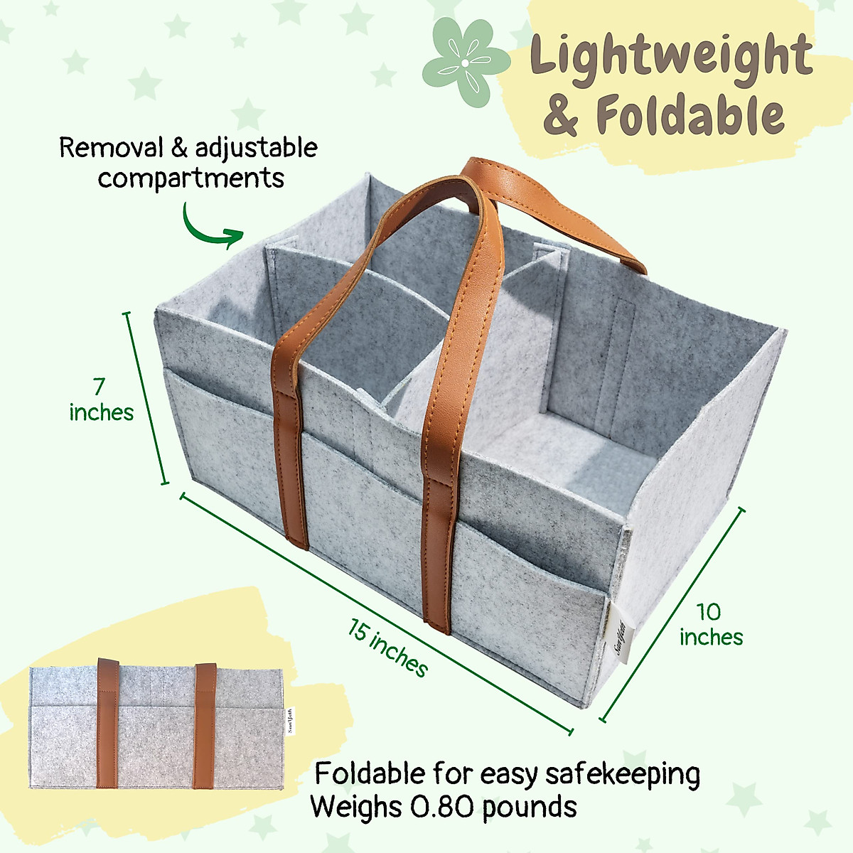 SanYeth Minimalist Grey Felt Diaper Caddy - Organizer Basket for Car, Nursery & Travel - 3 Compartment, Portable, Neutral Gift for Baby Boy or Girl