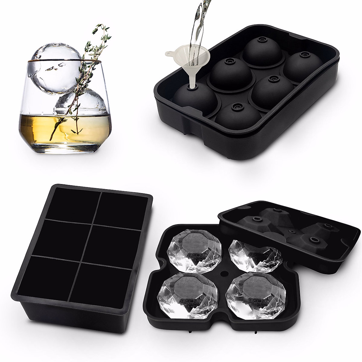 Silicone Ice Tray Molds for Freezer with Lid (set of 3) Sphere Ice Ball maker, Diamond Ice Maker, Ice Cube Mold for Whiskey, Bourbon, and Cocktail Drinks, Reusable, BPA Free