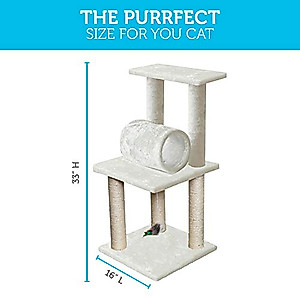 Paws & Pals 16" x 16" x 33" Inches Multi-Level Cat Scratching Post 3 Level Cat Condo Tree House Tower with Sisal Rope, Feather Mouse Cat Toy Ball, Play Tunnel