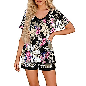 PrinStory Women's Pajama Set Short Sleeve Shirt and Shorts Sleepwear Pjs Sets with Pockets FP-Big Leaf Pink-Large